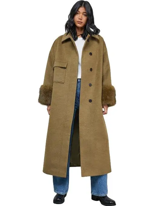 WAREHOUSE Patch Pocket Faux Fur Cuff Maxi Coat - Green