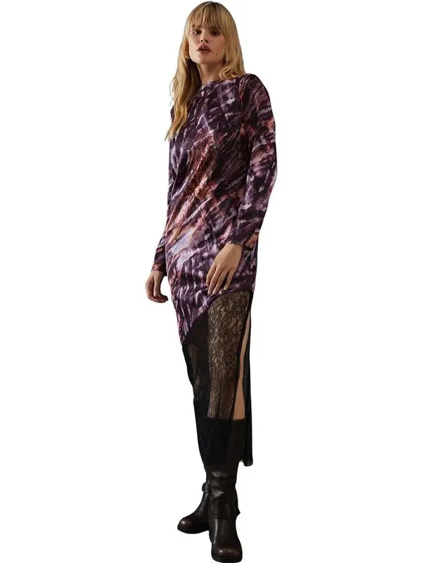 WAREHOUSE Column Lace Panel Midi Dress - Multi
