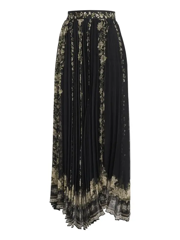 Alice + Olivia Floral Pleated Maxi Skirt - Black