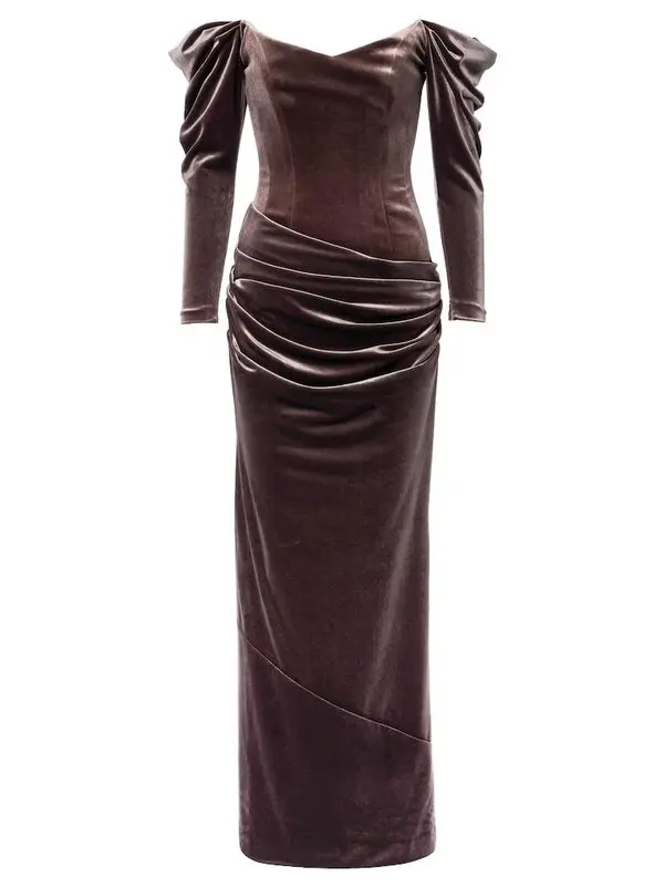 Alex Perry Draped Velvet Gown - Brown