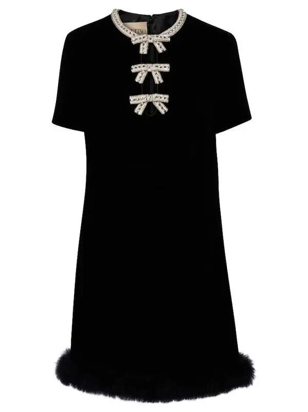 Valentino Garavani Embellished Feather-trimmed Velvet Minidress - Black
