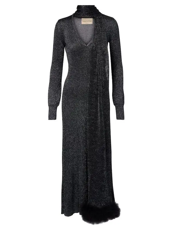 Valentino Garavani Feather-trimmed Lamé Maxi Dress - Black
