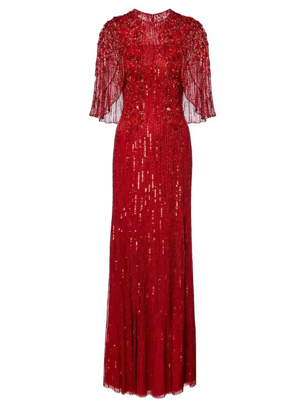 Jenny Packham Violetta Embellished Caped Gown - Red