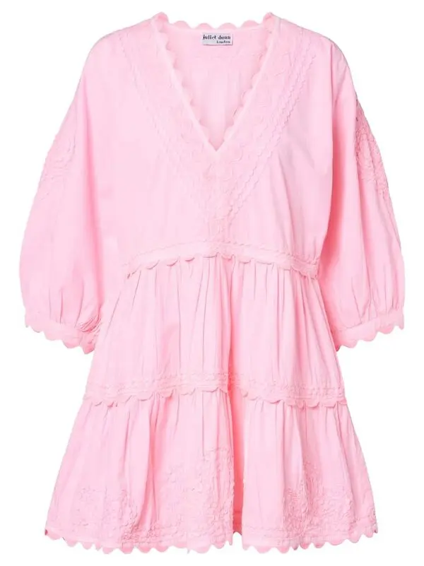 JULIET DUNN Embroidered Tiered Cotton Poplin Mini Dress - Pink