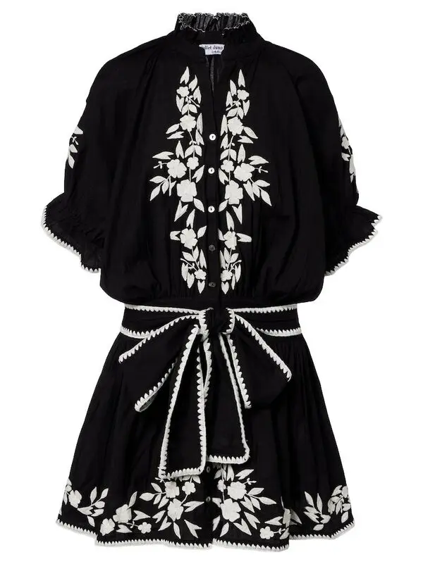 JULIET DUNN Belted Cotton And Linen Minidress - Black