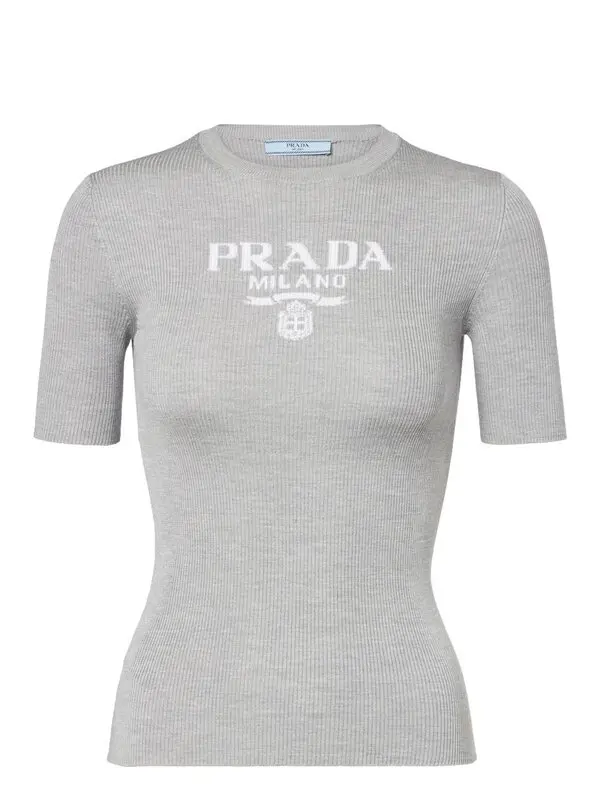 Prada Logo Ribbed-trim Silk T-shirt - Grey