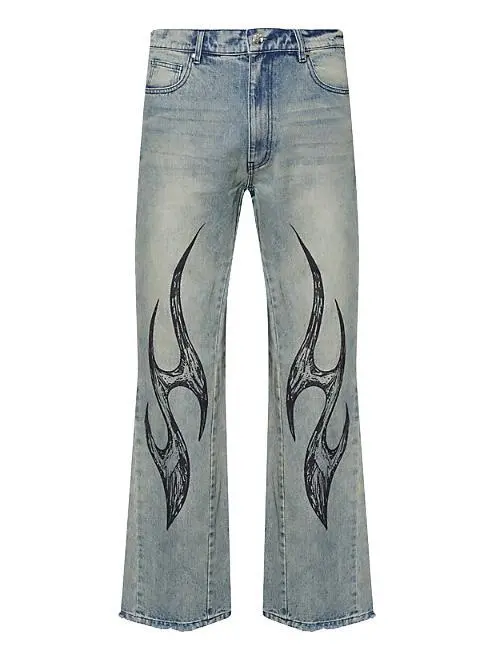 GODMADE Graphic-print Distressed Denim Jeans - Blue
