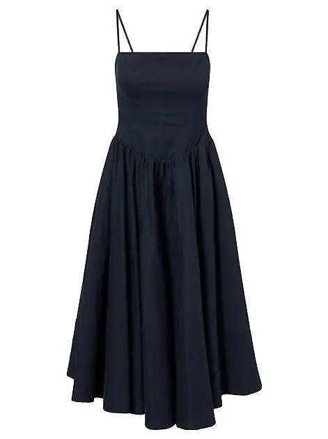 L.A-SPACE Corseted Square-neck Cotton Midi Dress - Navy
