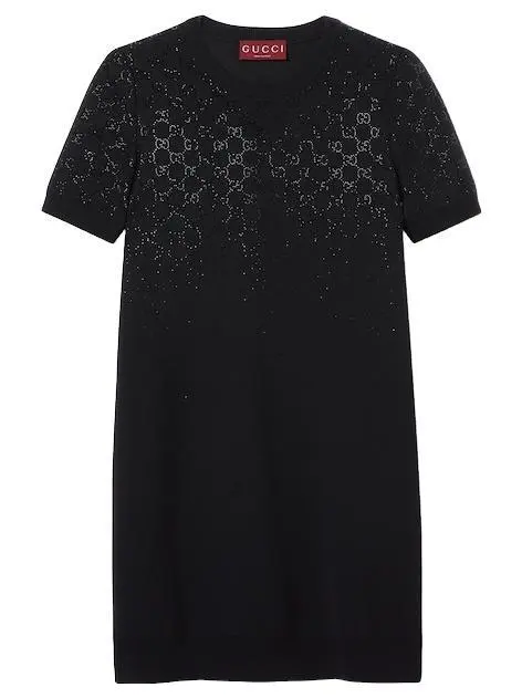 Gucci Fine Wool Dress With Gg Crystals - Black