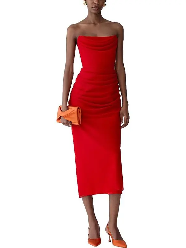 Carolina Herrera Strapless Draped Midi Silk Dress - Herrera Red