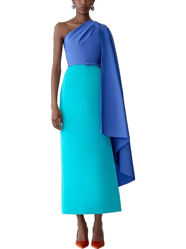 Carolina Herrera Drape Shoulder Belted Silk Dress - Turquoise Multi