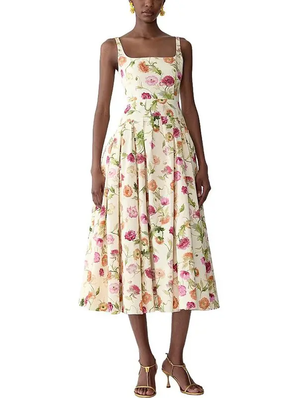 Carolina Herrera Scoop Neck Floral Print Midi Dress - Almond Multi
