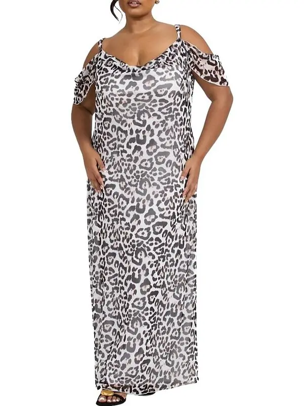FASHION-SZN CURVE Off-the-shoulder Leopard Maxi Dress - White