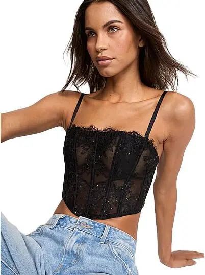Victoria's Secret Rose Lace Shimmer Strapless Corset Top - Print