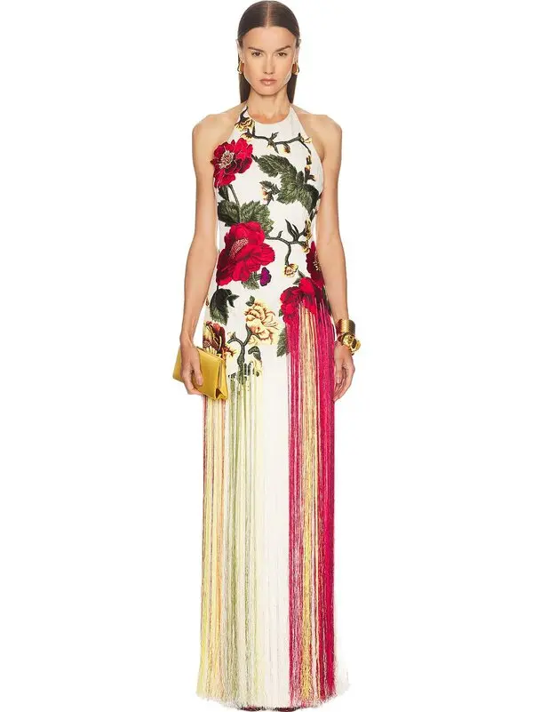 Oscar De La Renta Halter Neck Embroidered Gown - Ecru & Multi