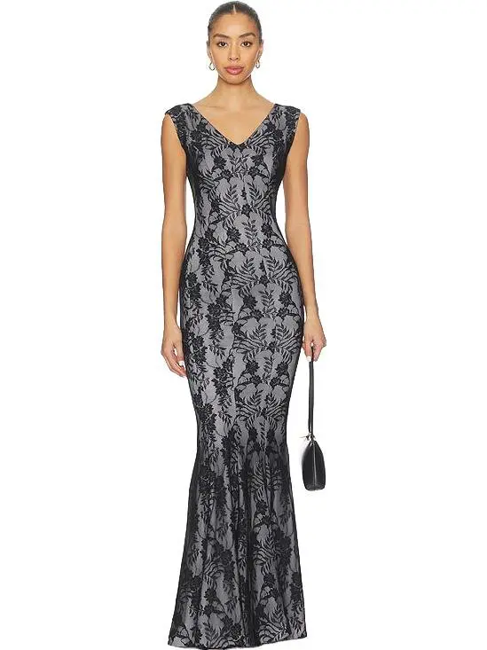 Norma Kamali Grace Fishtail Gown - Black Stretch Lace & White