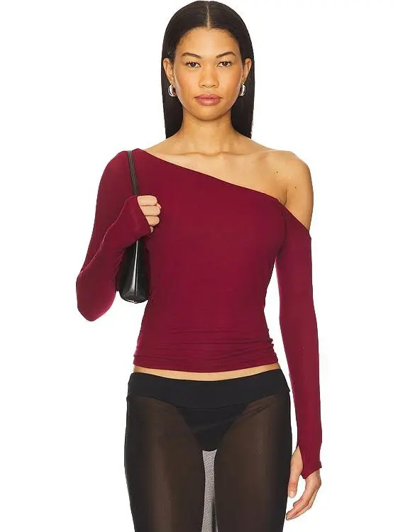 Michael Lauren Magdaleno Asymmetrical Fitted Cold Shoulder Long Sleeve Top - Berry Wine