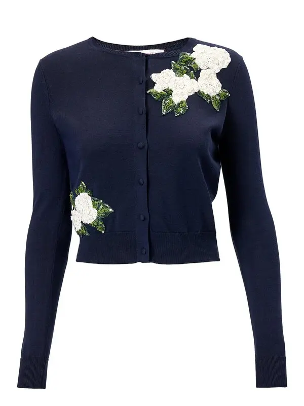Carolina Herrera Floral Embroidered Silk-blend Cropped Cardigan - Navy