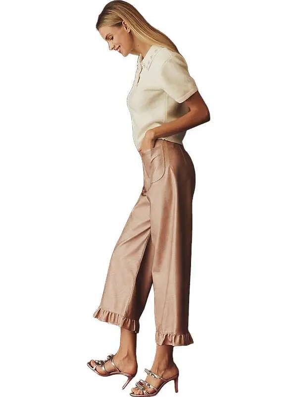 Maeve Colette Crop Metallic Faux Leather Ruffle-hem Pants - Pink Metallic
