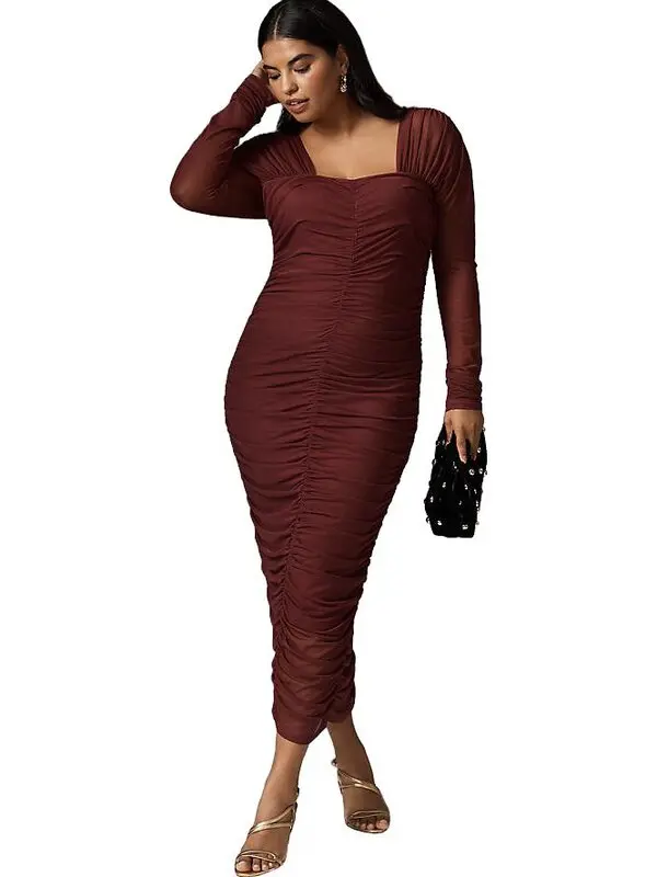 Anthropologie Long-sleeve Ruched Slim Midi Dress - Burgundy Plum