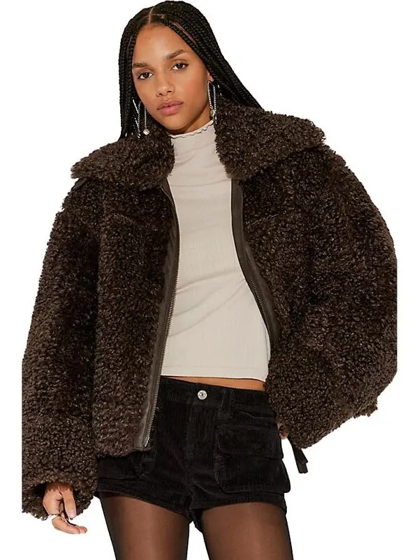 Free People Jolie Oversized Teddy Jacket - Deep Fudge