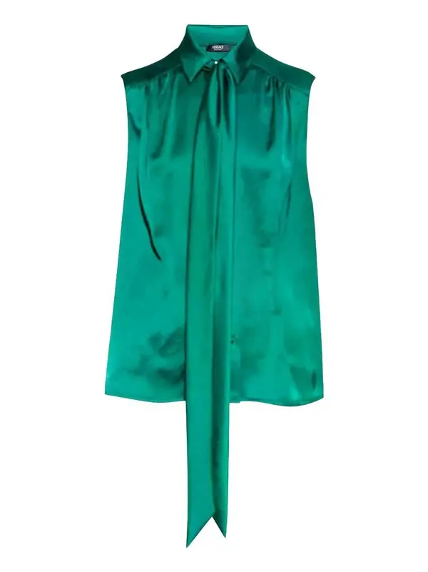 Versace Sleeveless Satin Blouse With Lavallière Collar And Medusa Hardware - Green