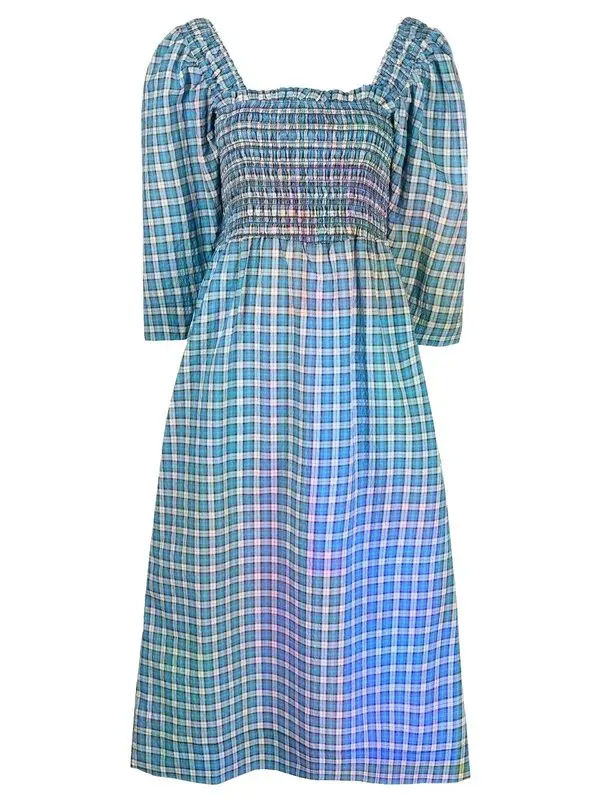 GANNI Seersucker Checked Midi Dress - Blue
