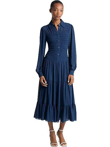 Michael Kors Smocked Georgette Shirtdress - Blue