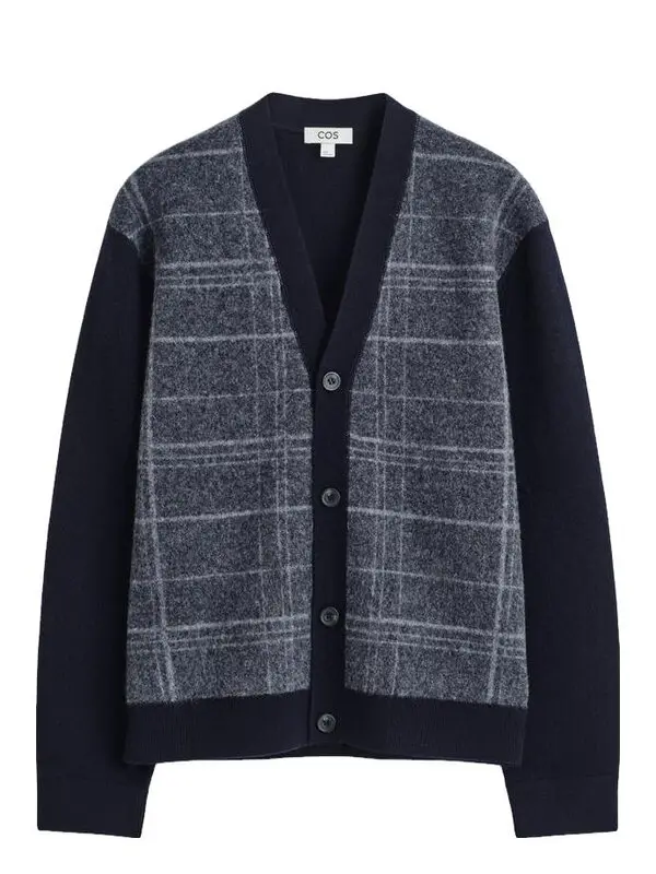 Cos Checked Wool V-neck Cardigan - Navy