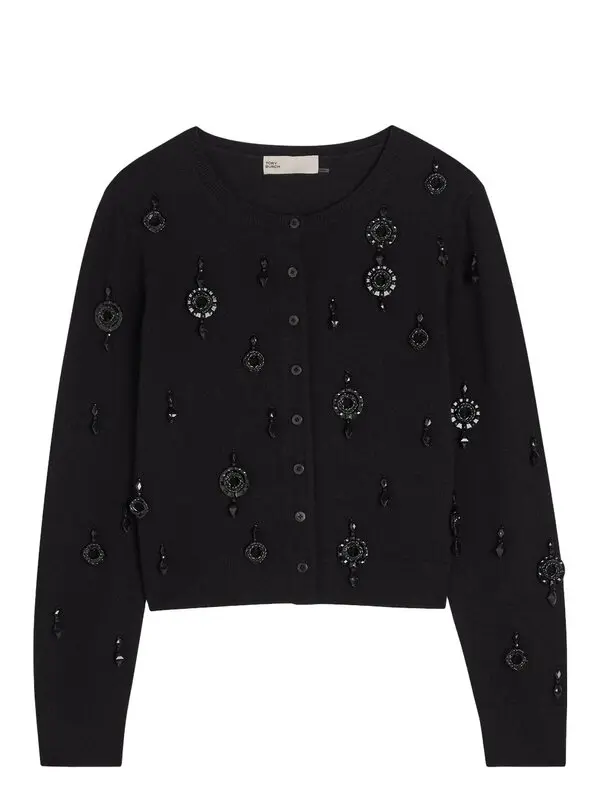 Tory Burch Embellished Wool And Cashmere-blend Cardigan - Black