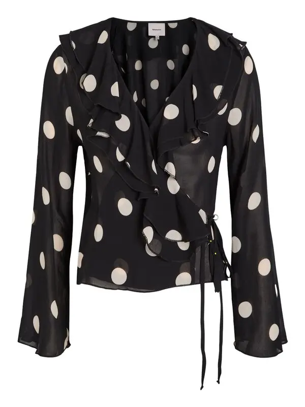 REFORMATION Kilah Polka Dot Silk-georgette Wrap Blouse - Black
