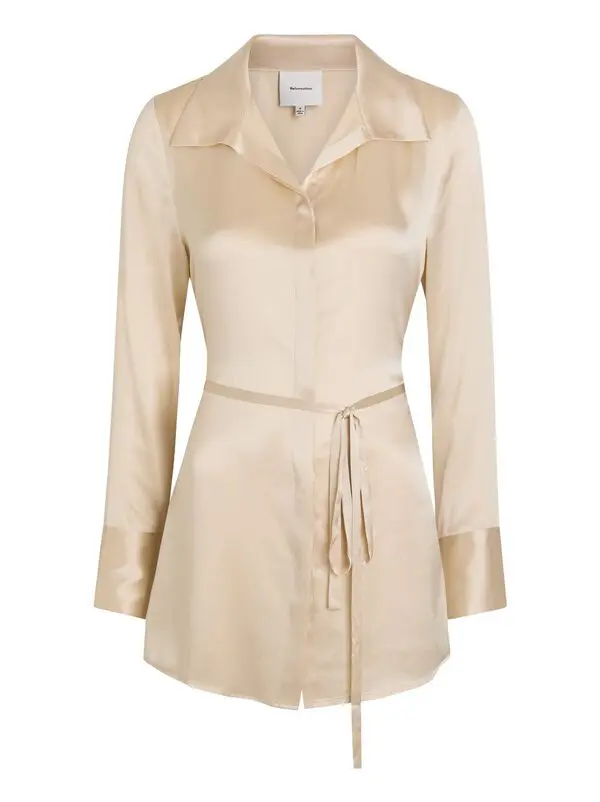 REFORMATION Camilla Waist-tie Silk Shirt - Beige