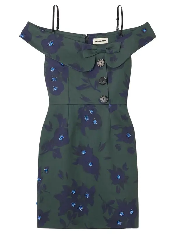 SHUSHU/TONG Asymmetric Embellished Floral-print Mini Dress - Green