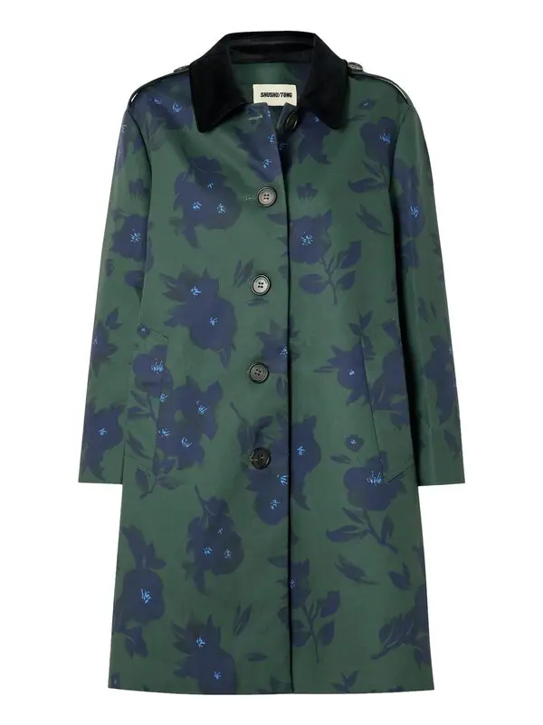 SHUSHU/TONG Velvet-trimmed Floral-print Woven Trench Coat - Green
