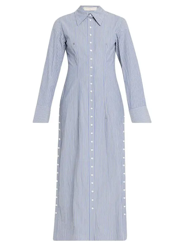 JANE WADE Long Pinstripe Button-front Shirtdress - Washed Blu