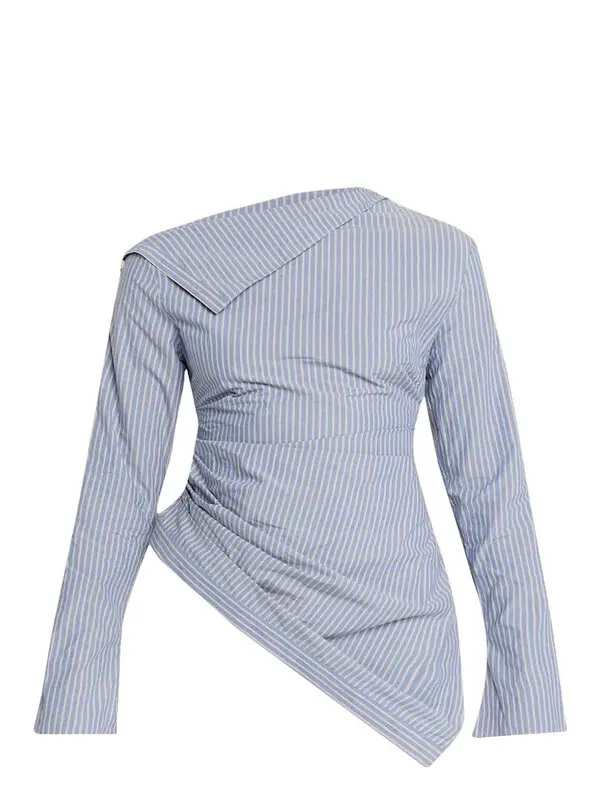 JANE WADE Asymmetric Pinstripe Blouse With Buttoned Sleeves - Washed Blu