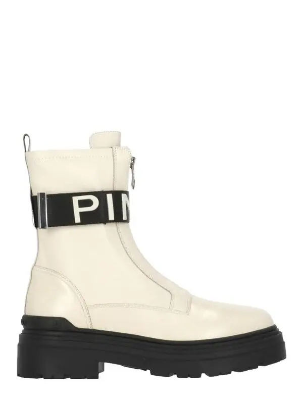 Pinko Leather Ankle Boots With Logo Strap - Beige