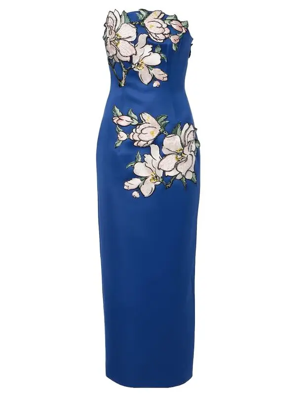 LEO LIN Ava Floral-applique Strapless Midi Dress - Blue
