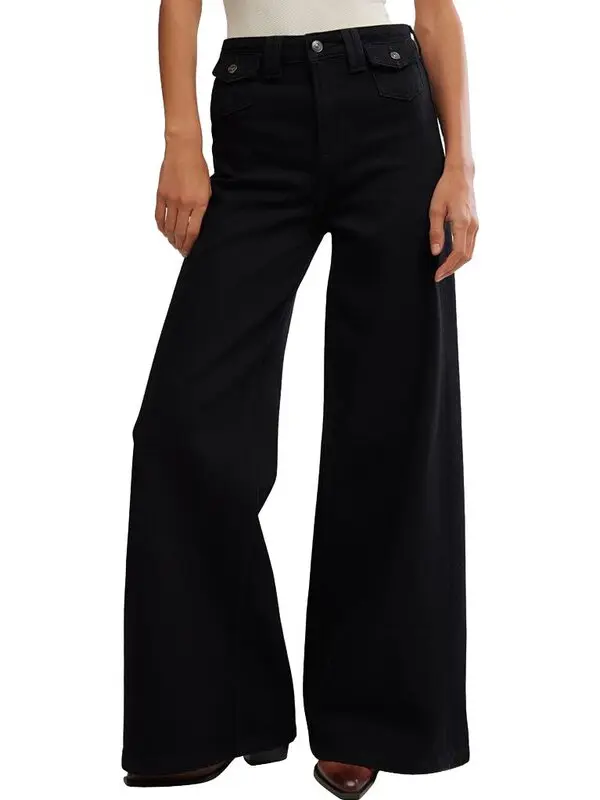 Free People Kellee High Waist Stretch Denim Palazzo Jeans - Black Eyeliner