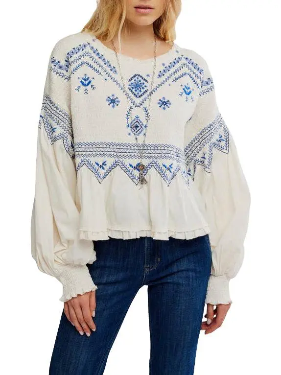 Free People Holly Smocked Embroidered Top - Eggnog Combo