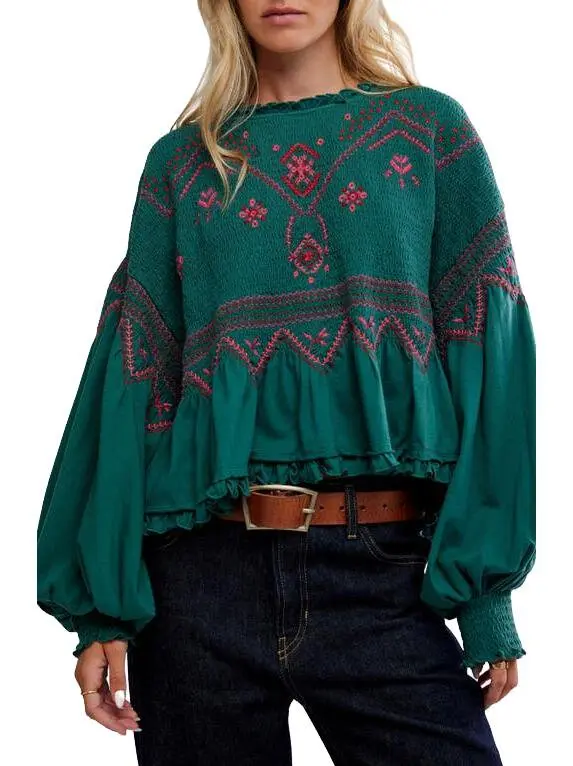 Free People Holly Smocked Embroidered Top - Green Combo
