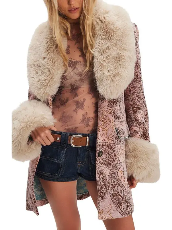 Free People Faux Fur Trim Tapestry Coat - Pink Paisley