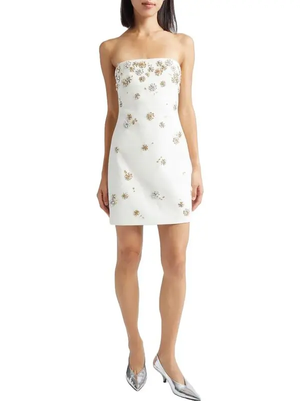 Cinq À Sept Samia Tumbling Crystal Flowers Strapless Dress - Ivory