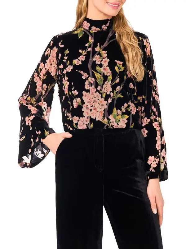 Ted Baker London Nelle Floral Flare Sleeve Mock Neck Top - Rich Black