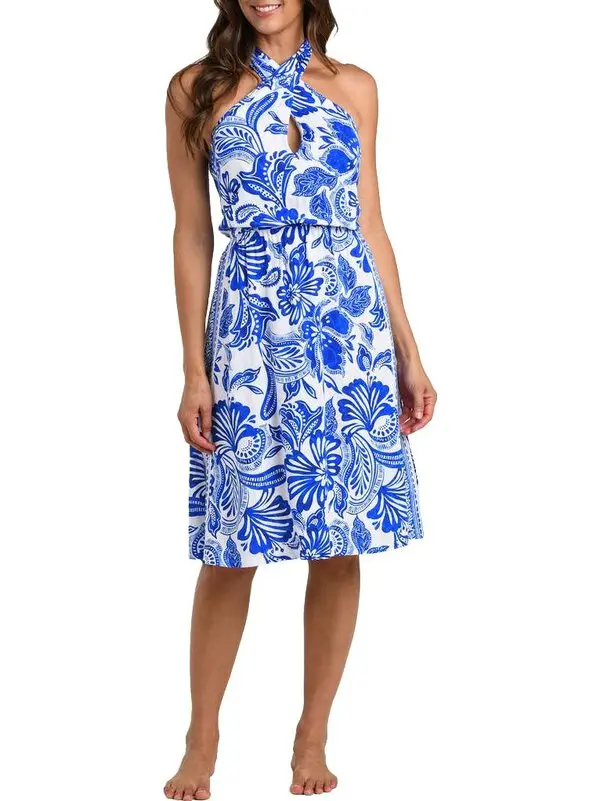 La Blanca Botanical Brocade Fit & Flare Halter Dress - Lapis