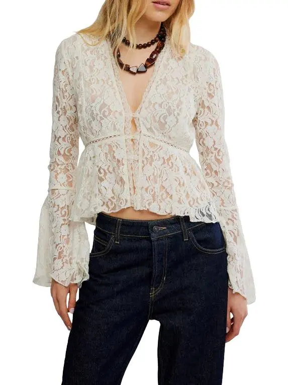 Free People Whispering Love Lace Top - Tofu
