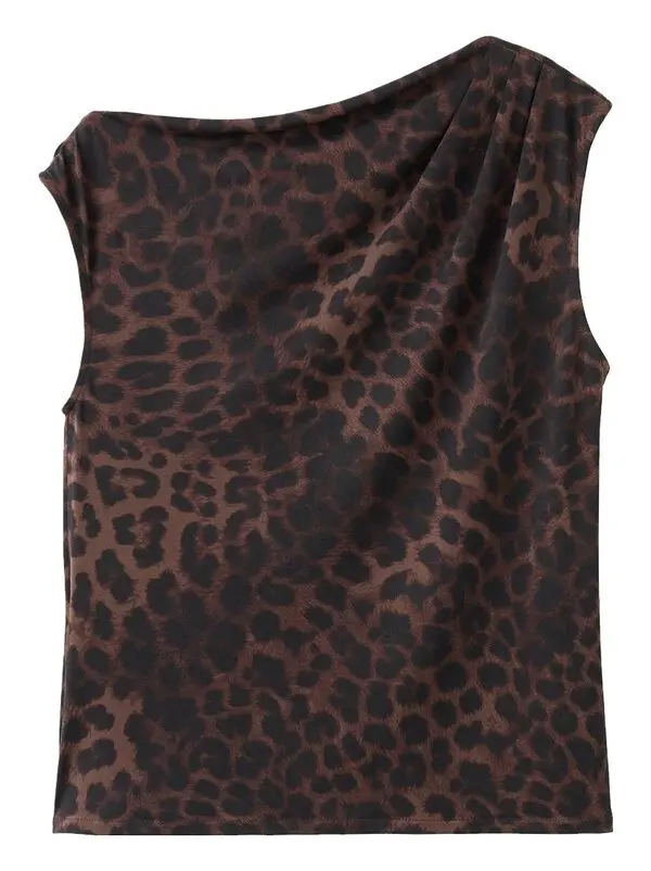 Mango Leopard Print Pleated Top - Brown