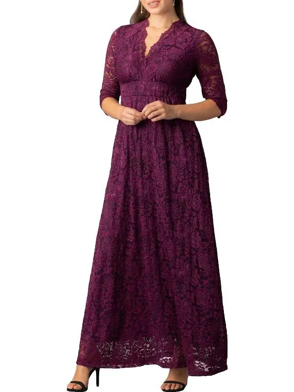 KIYONNA Maria Lace A-line Evening Gown With Pockets - Berry Bliss