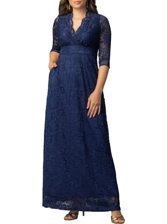 KIYONNA Maria Lace A-line Evening Gown With Pockets - Nocturnal Navy