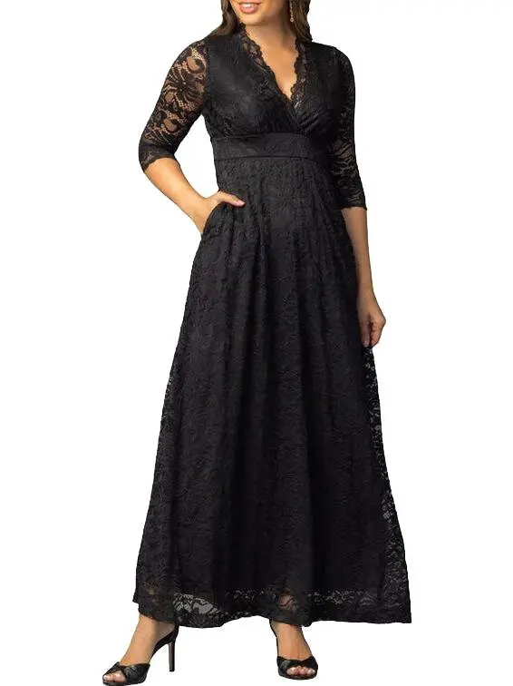 KIYONNA Maria Lace A-line Evening Gown With Pockets - Onyx